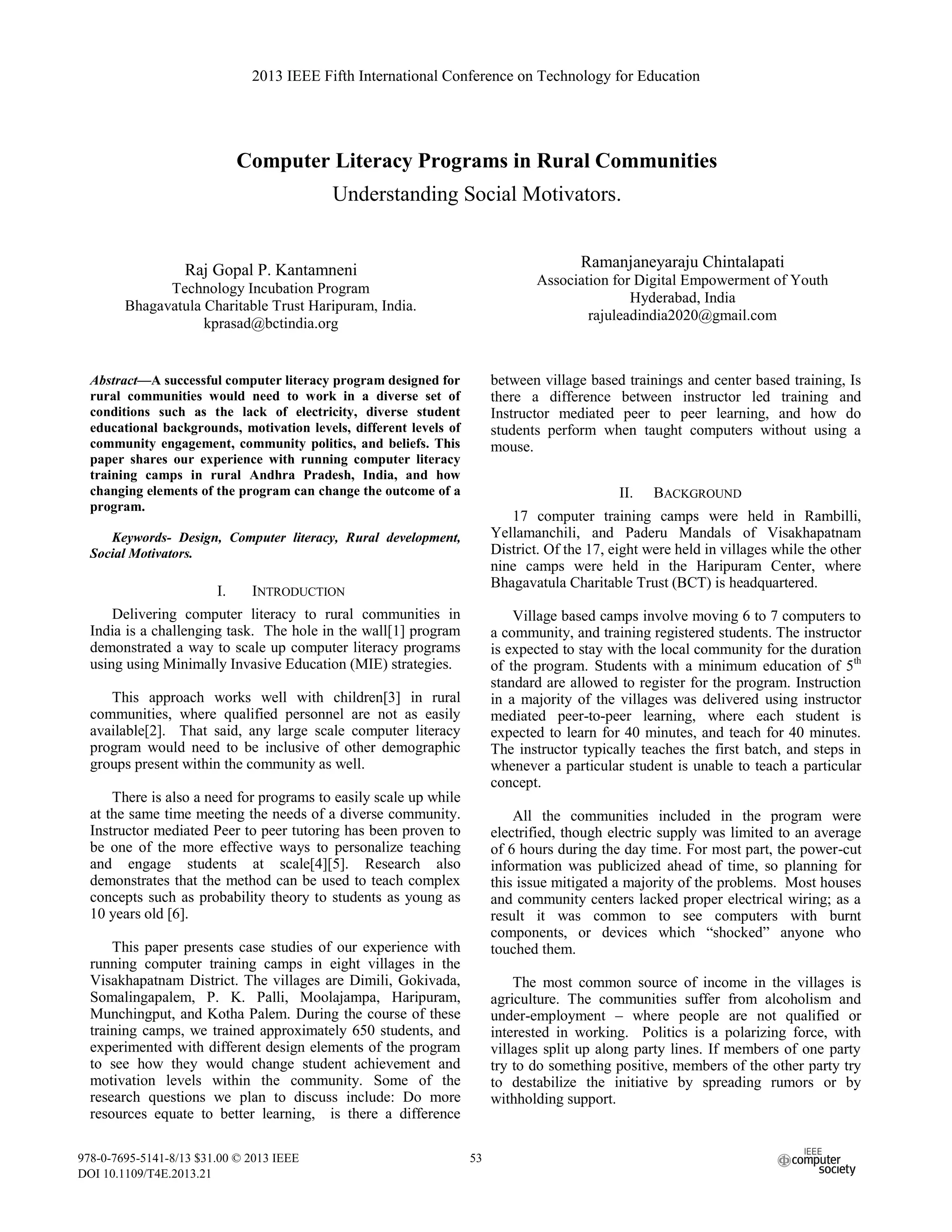 Computer Literacy programs in rural communities - Understaning Social Motivators | PDF