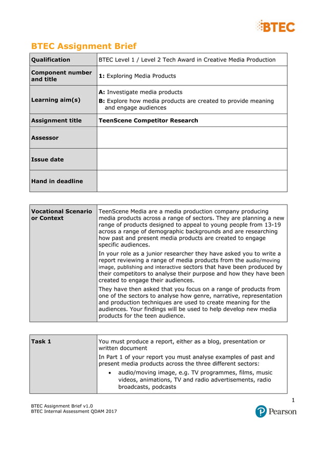 Component 1 - Assignment brief | PDF