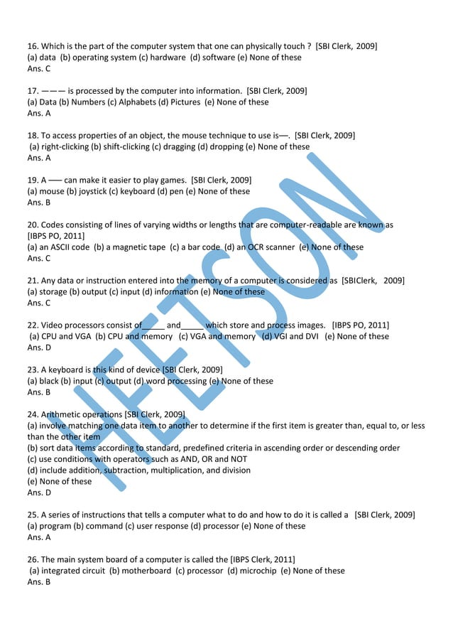Components of Computer MCQ Objective Question | PDF | Free Download