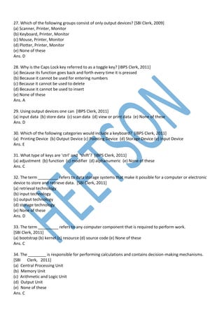 Components of Computer MCQ Objective Question | PDF