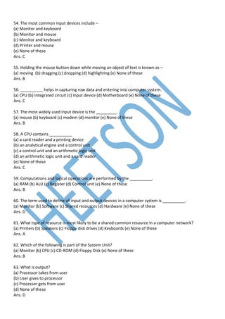 Components of Computer MCQ Objective Question | PDF