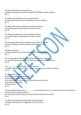Components of Computer MCQ Objective Question | PDF