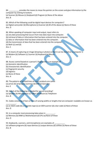 Components of Computer MCQ Objective Question | PDF