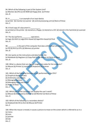 Components of Computer MCQ Objective Question | PDF