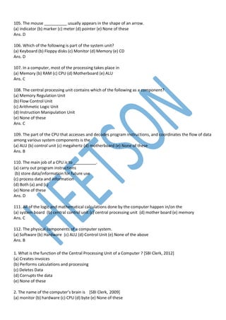 Components of Computer MCQ Objective Question | PDF