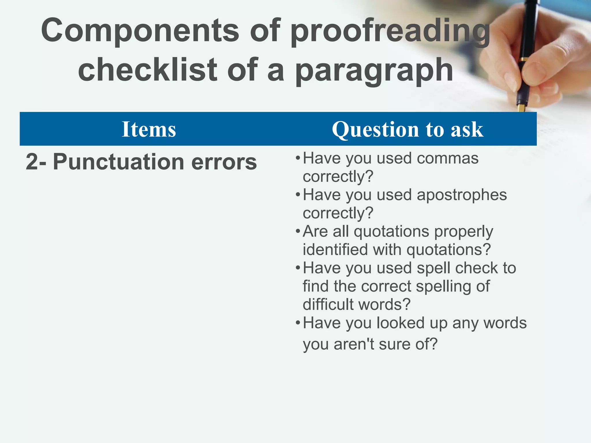 Components of proofreading checklist of a paragraph | PPT