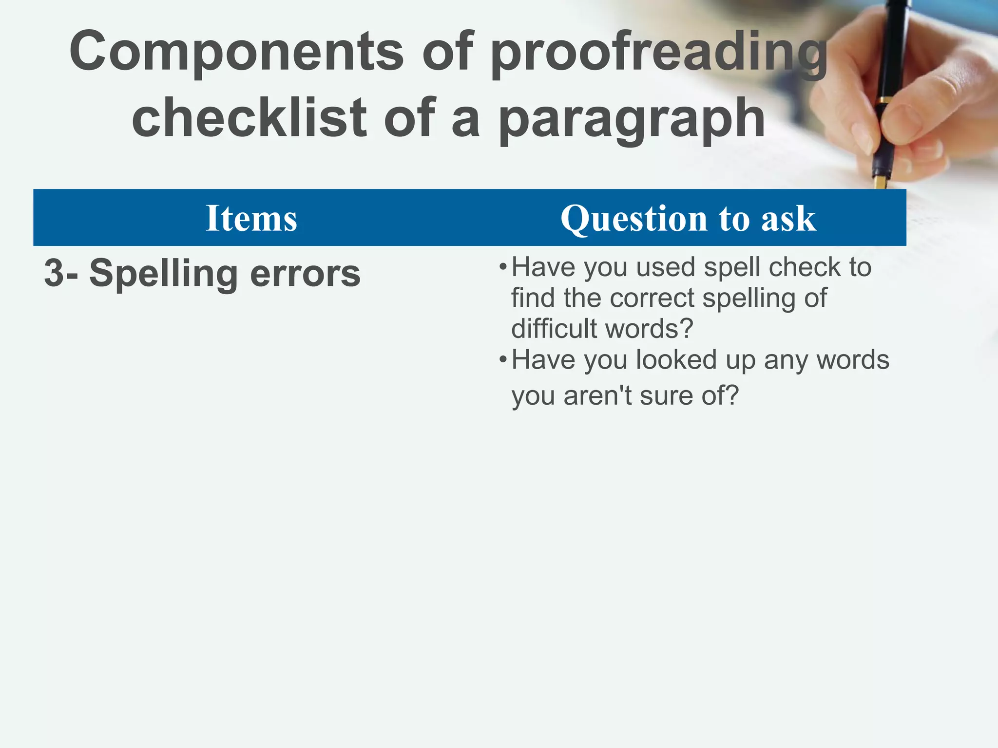 Components of proofreading checklist of a paragraph | PPT | Educational ...