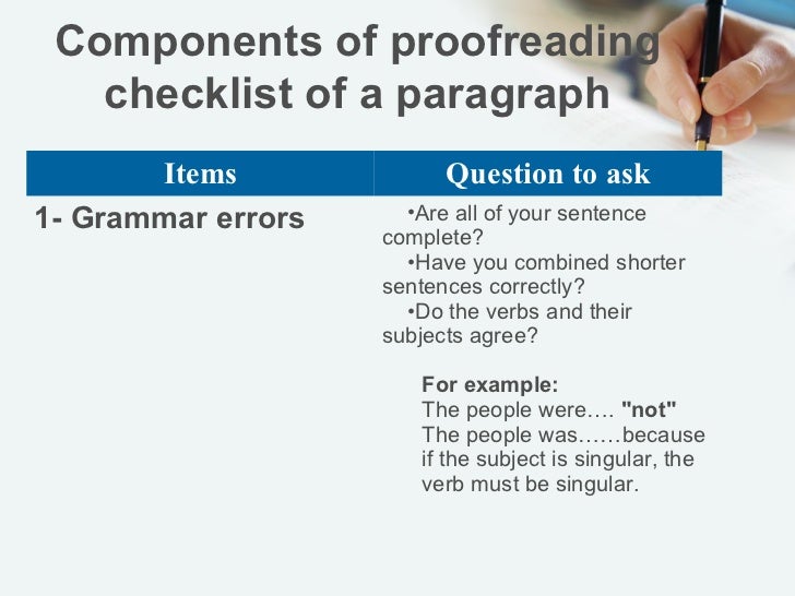 Components of proofreading checklist of a paragraph