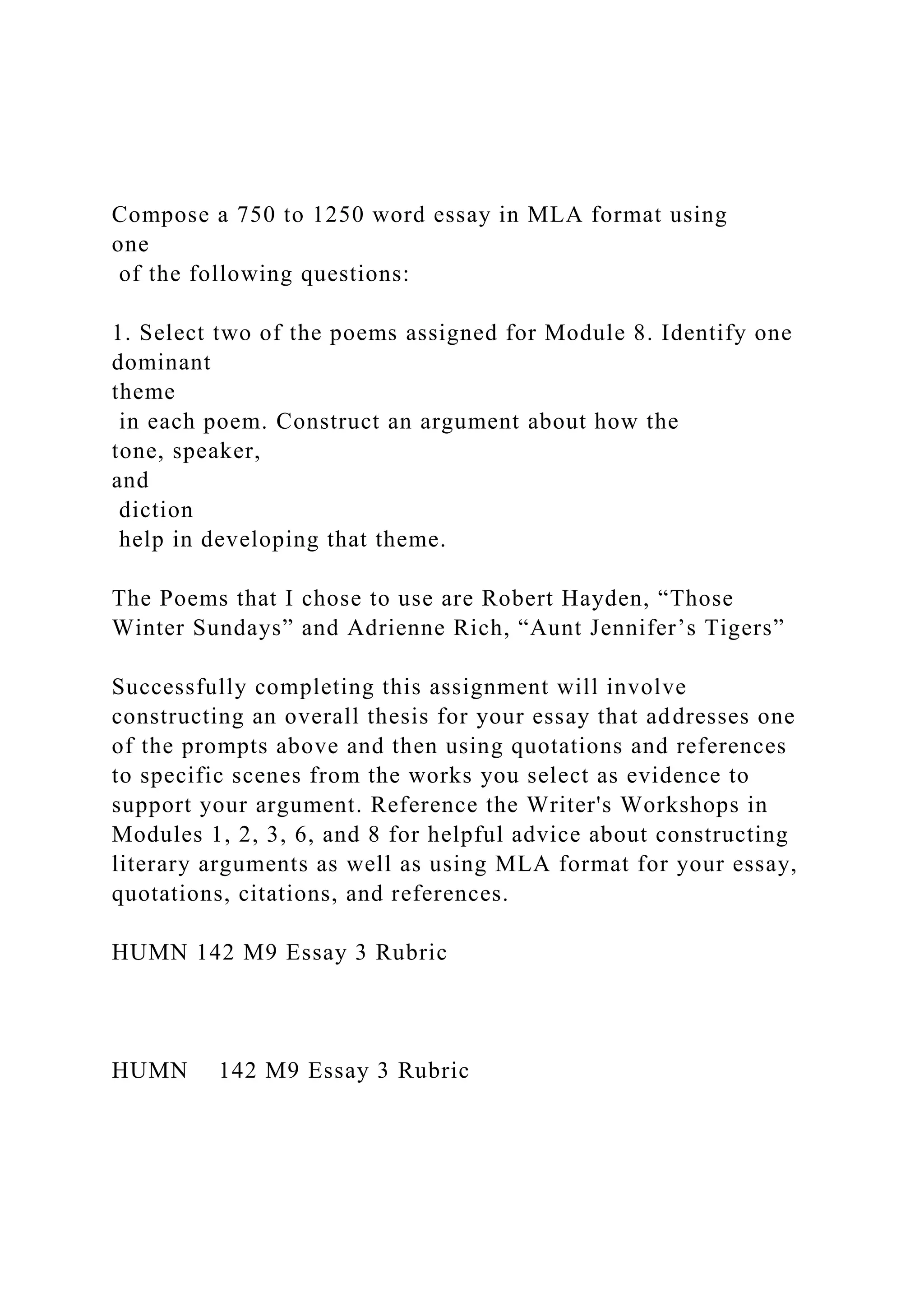 Compose a 750 to 1250 word essay in MLA format using one of .docx