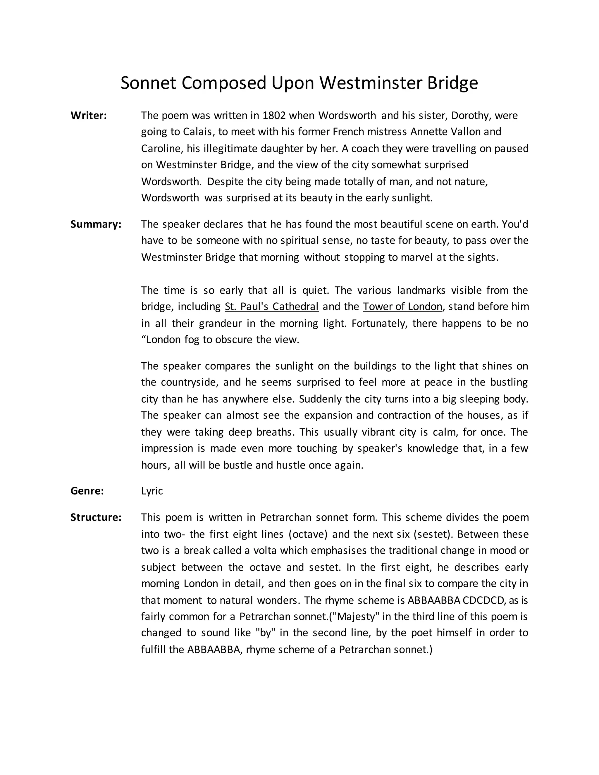 Composed Upon Westminster Bridge - Analysis | DOCX