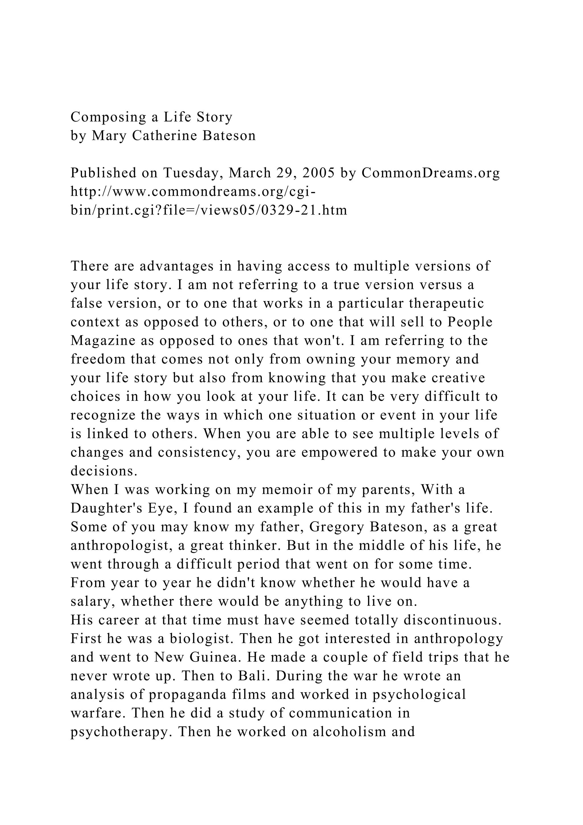 Composing a Life Storyby Mary Catherine BatesonPublished on .docx