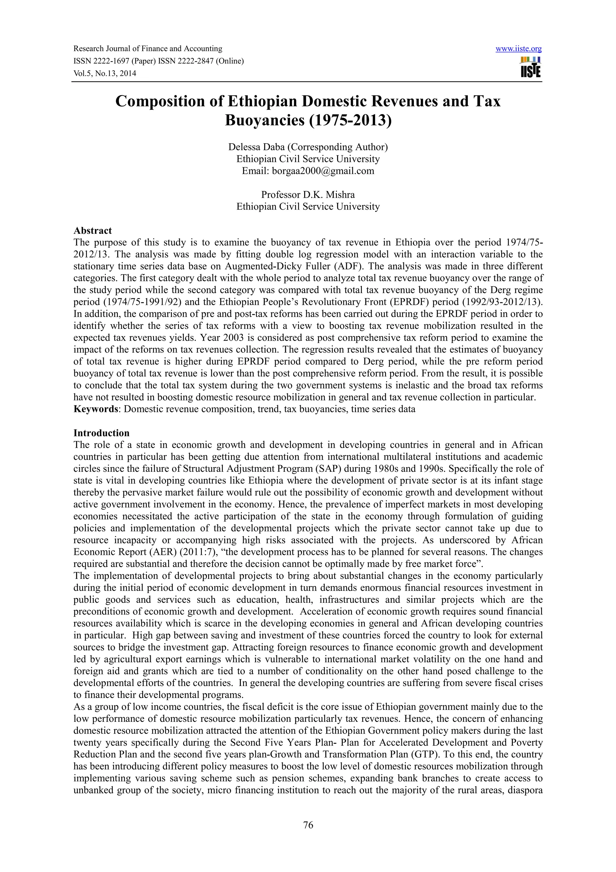 Composition of ethiopian domestic revenues and tax buoyancies (1975 2013) | PDF