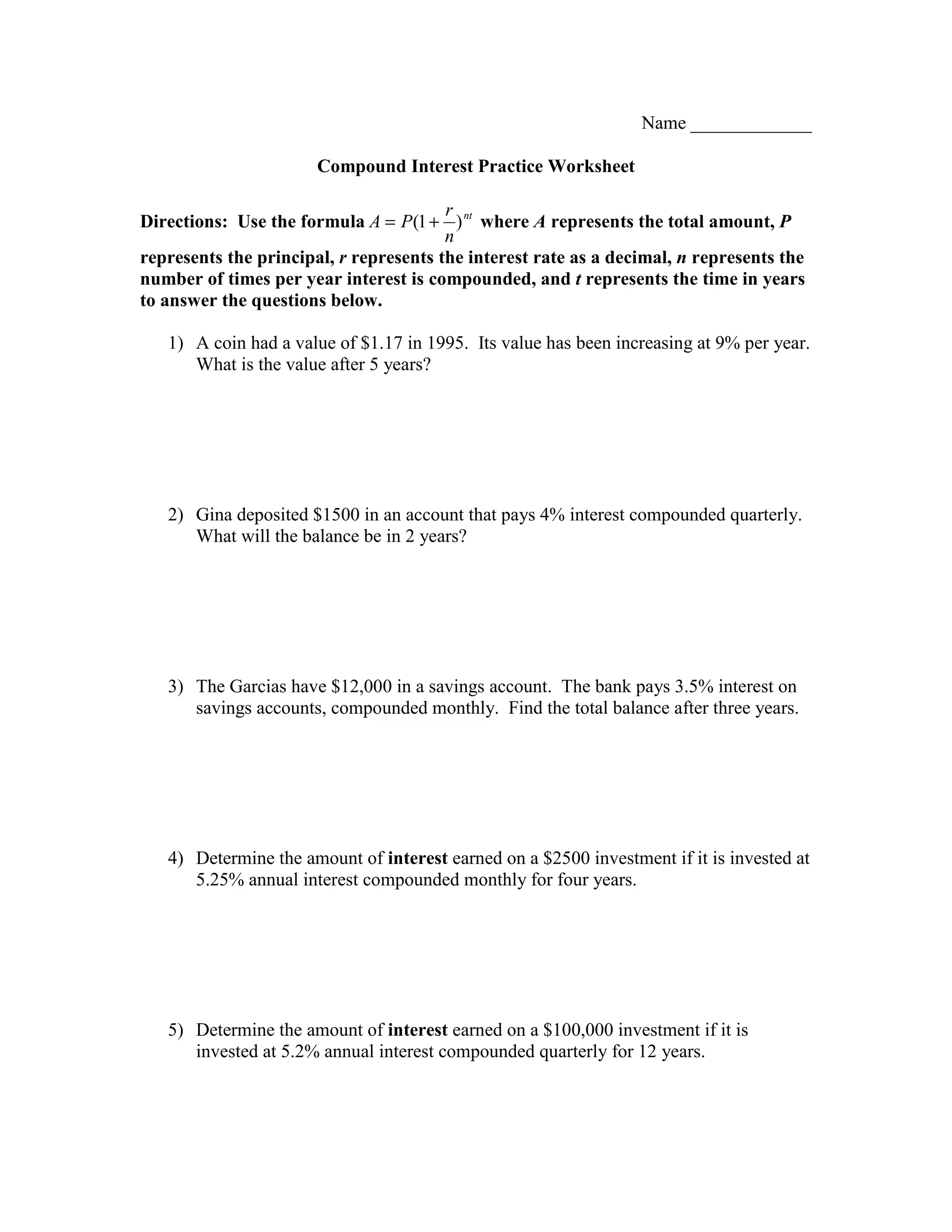 Compound Interest Worksheet | PDF