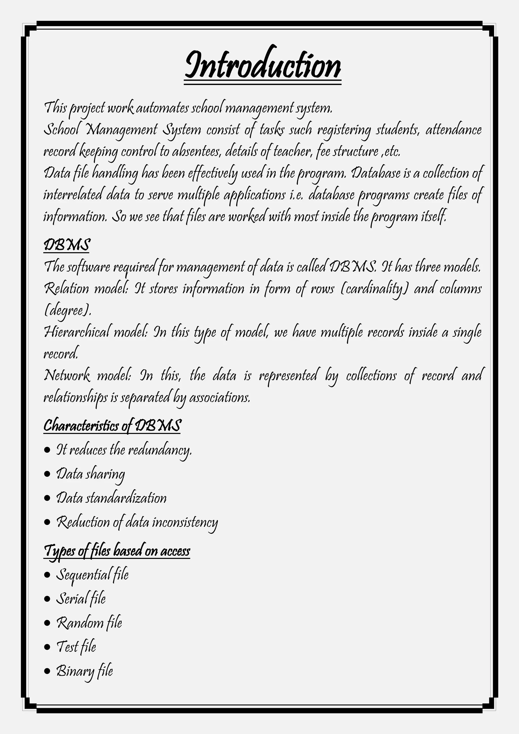 Computer Project for class 12 CBSE on school management | PDF