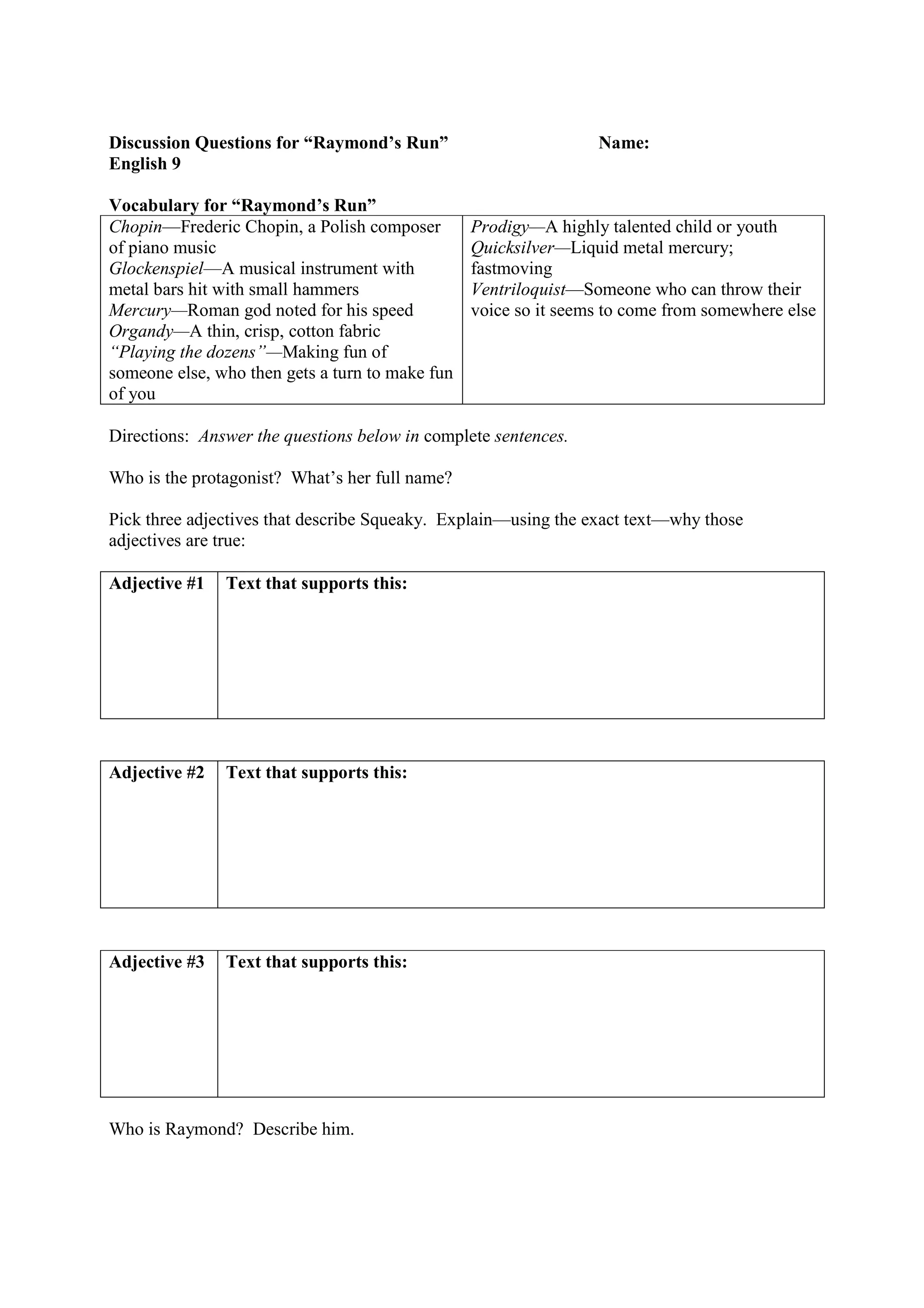 Comprehension questions for raymond's run | PDF