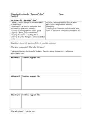 Comprehension questions for raymond's run | PDF