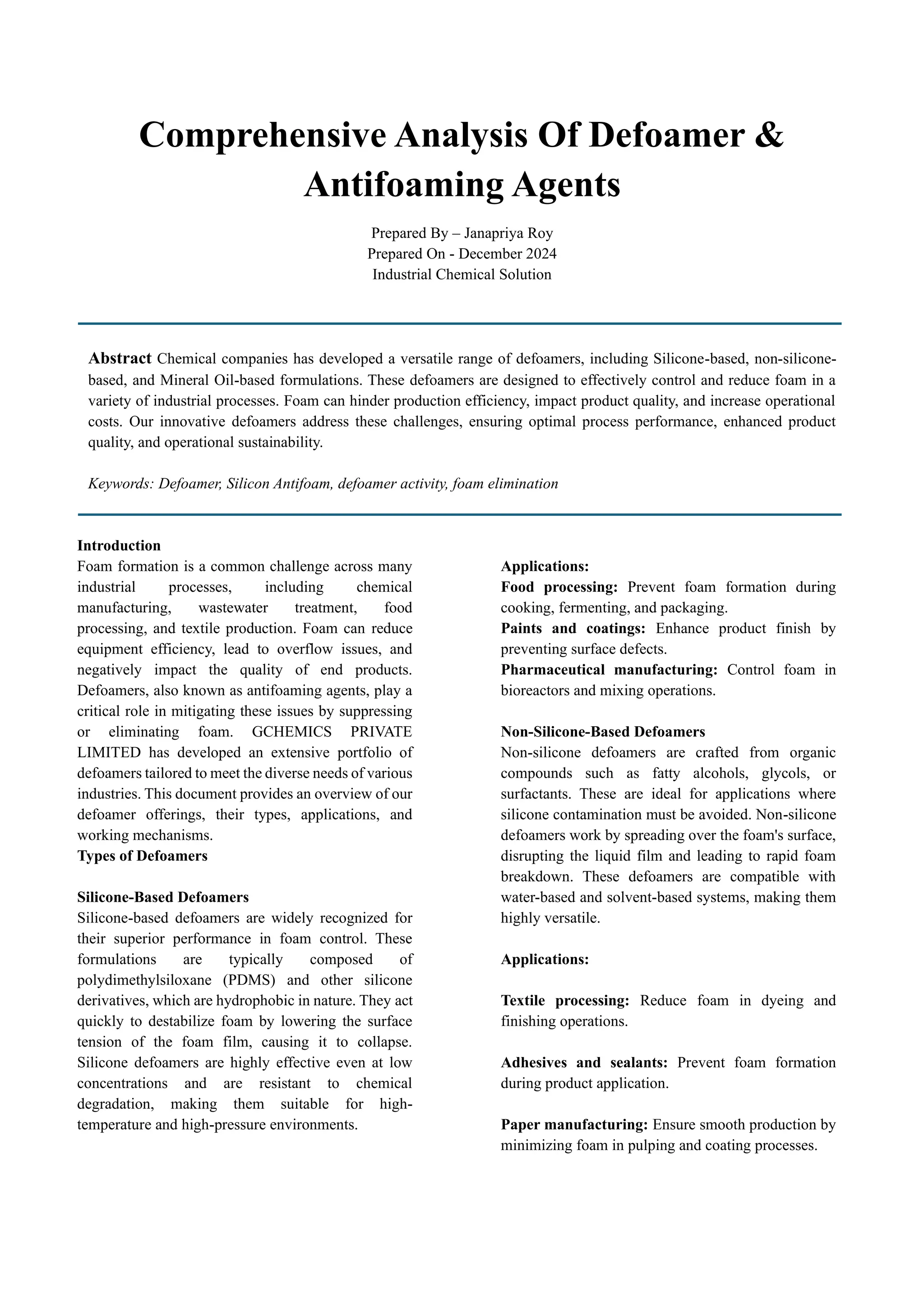 Comprehensive Analysis Of Defoamer & Antifoaming Agents | PDF