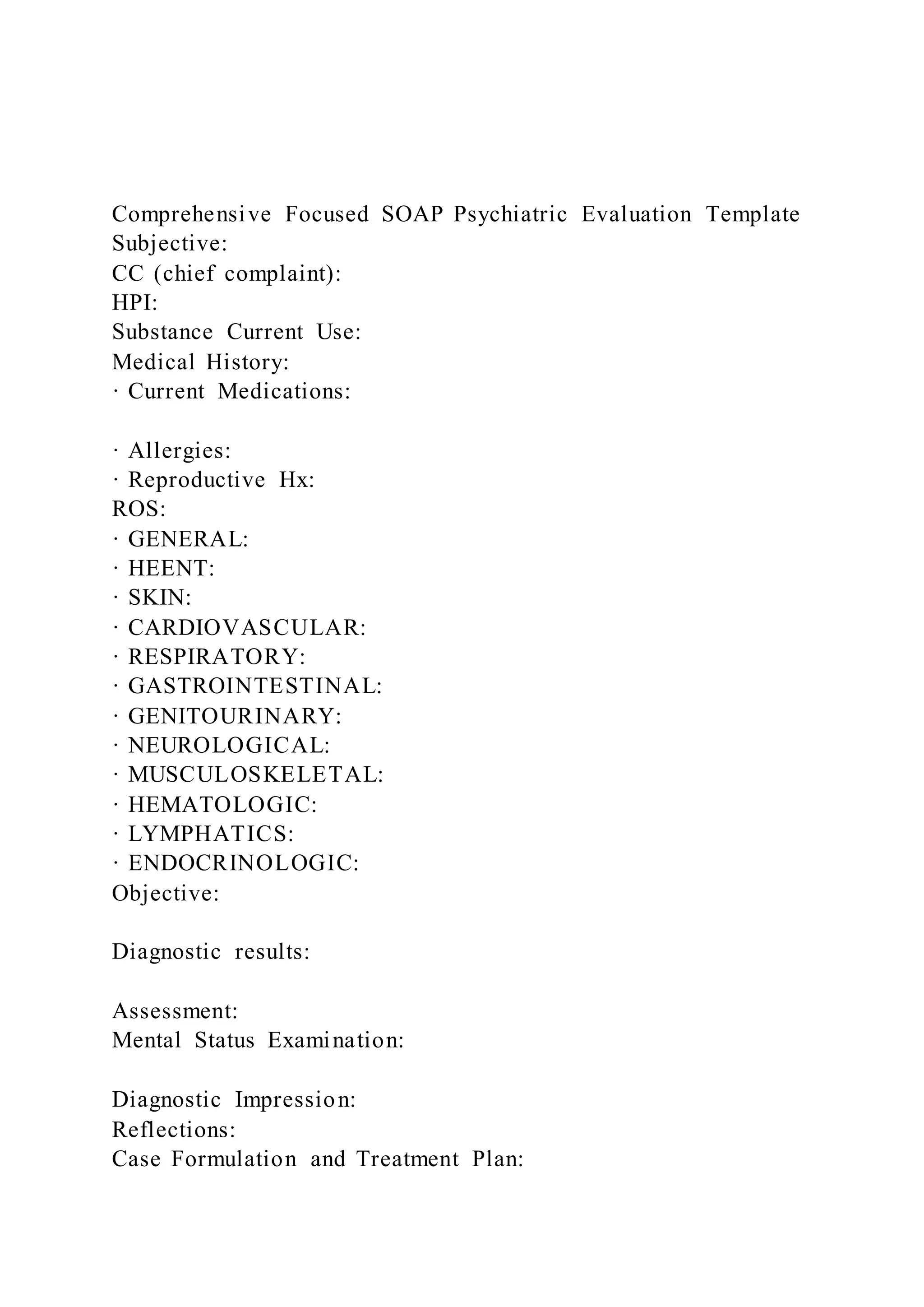 Comprehensive Focused SOAP Psychiatric Evaluation TemplateSubj | DOCX ...