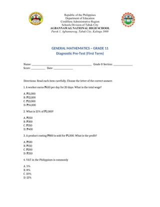 Grade 11 General Mathematics Diagnostic Pre-Test with Answer Key | DOCX