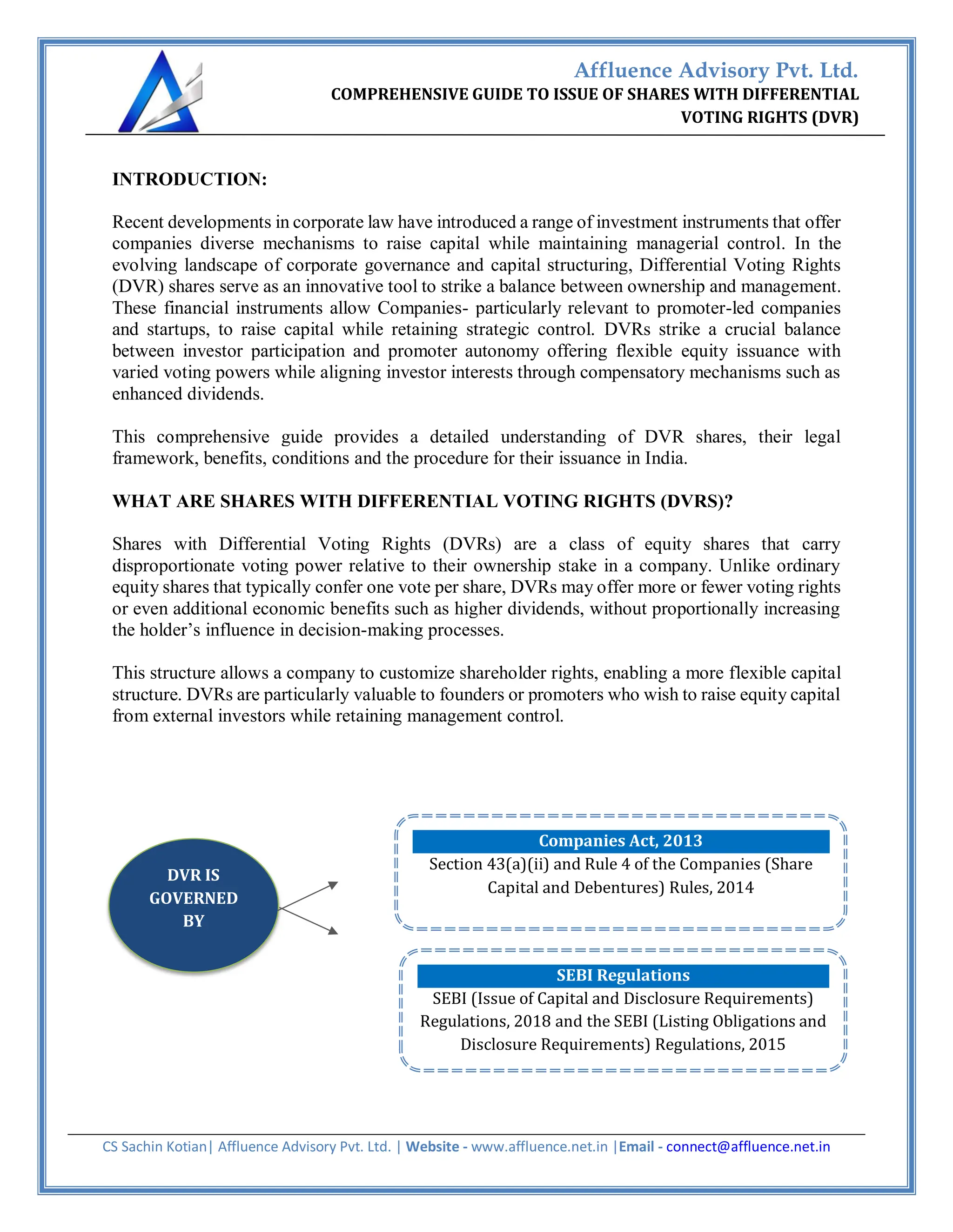 COMPREHENSIVE GUIDE TO ISSUE OF SHARES WITH DIFFERENTIAL VOTING RIGHTS ...