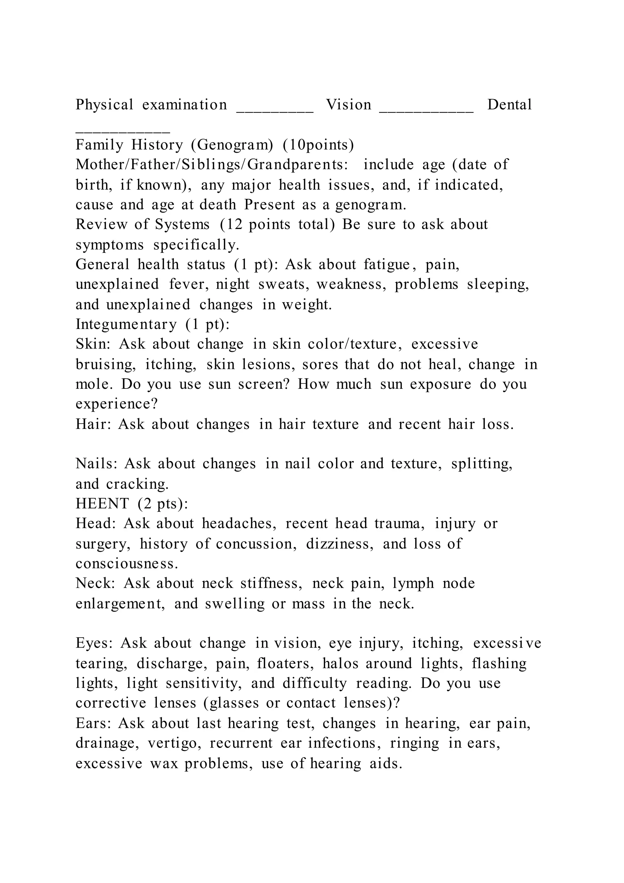 Comprehensive Health Assessment Form(50 points)Health History | DOCX