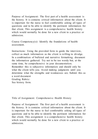 Comprehensive Health Assessment Form(50 points)Health History | DOCX