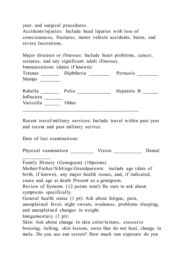 Comprehensive Health Assessment Form(50 points)Health History | DOCX ...