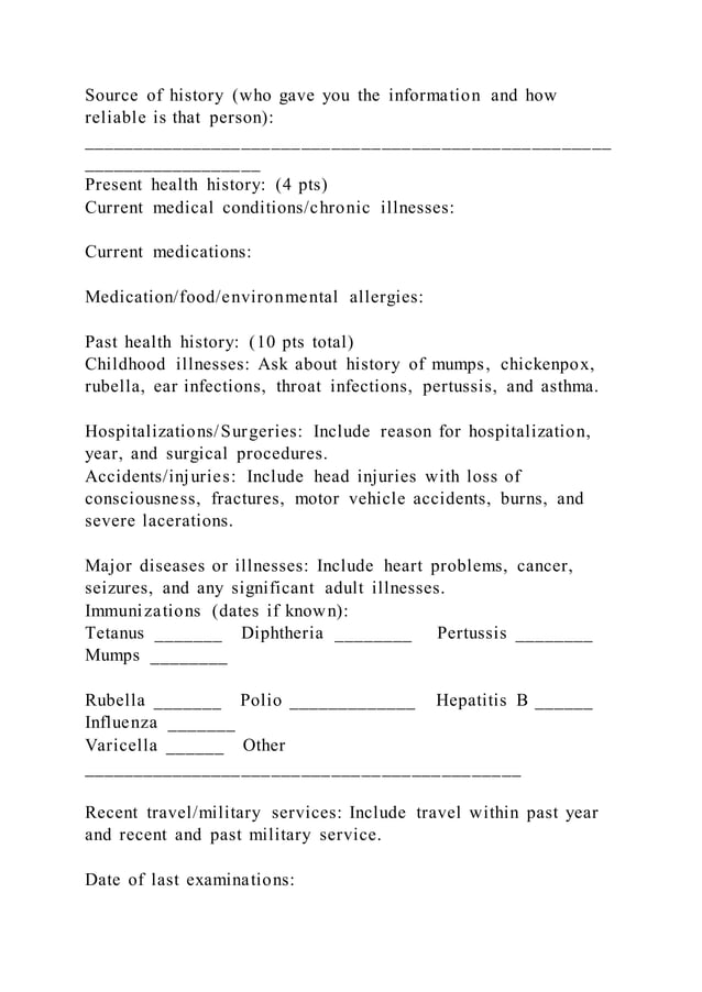 Comprehensive Health Assessment Form(50 points)Health History | DOCX ...