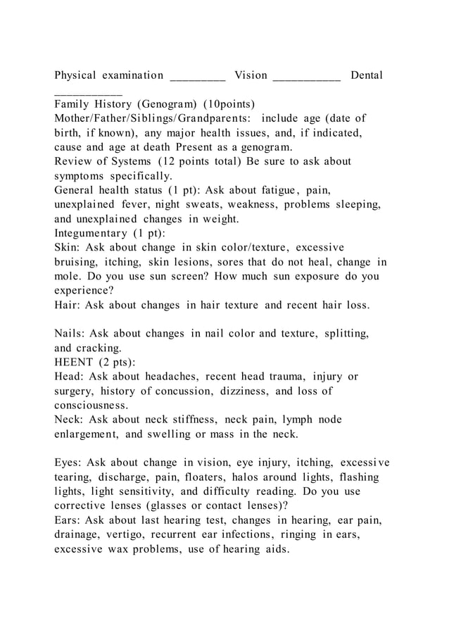 Comprehensive Health Assessment Form(50 points)Health History | DOCX ...