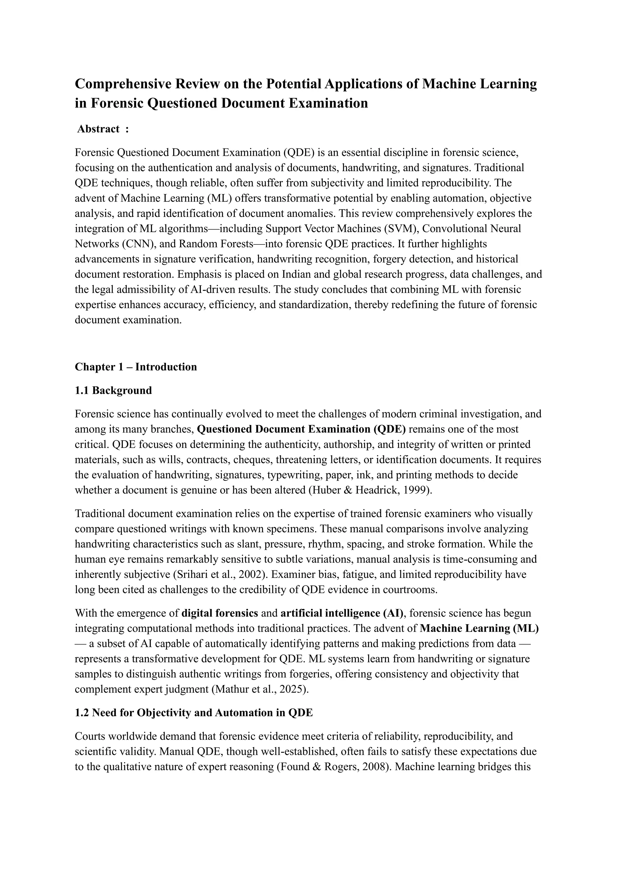 Comprehensive Review on the Potential Applications of Machine Learning in Forensic Questioned ...