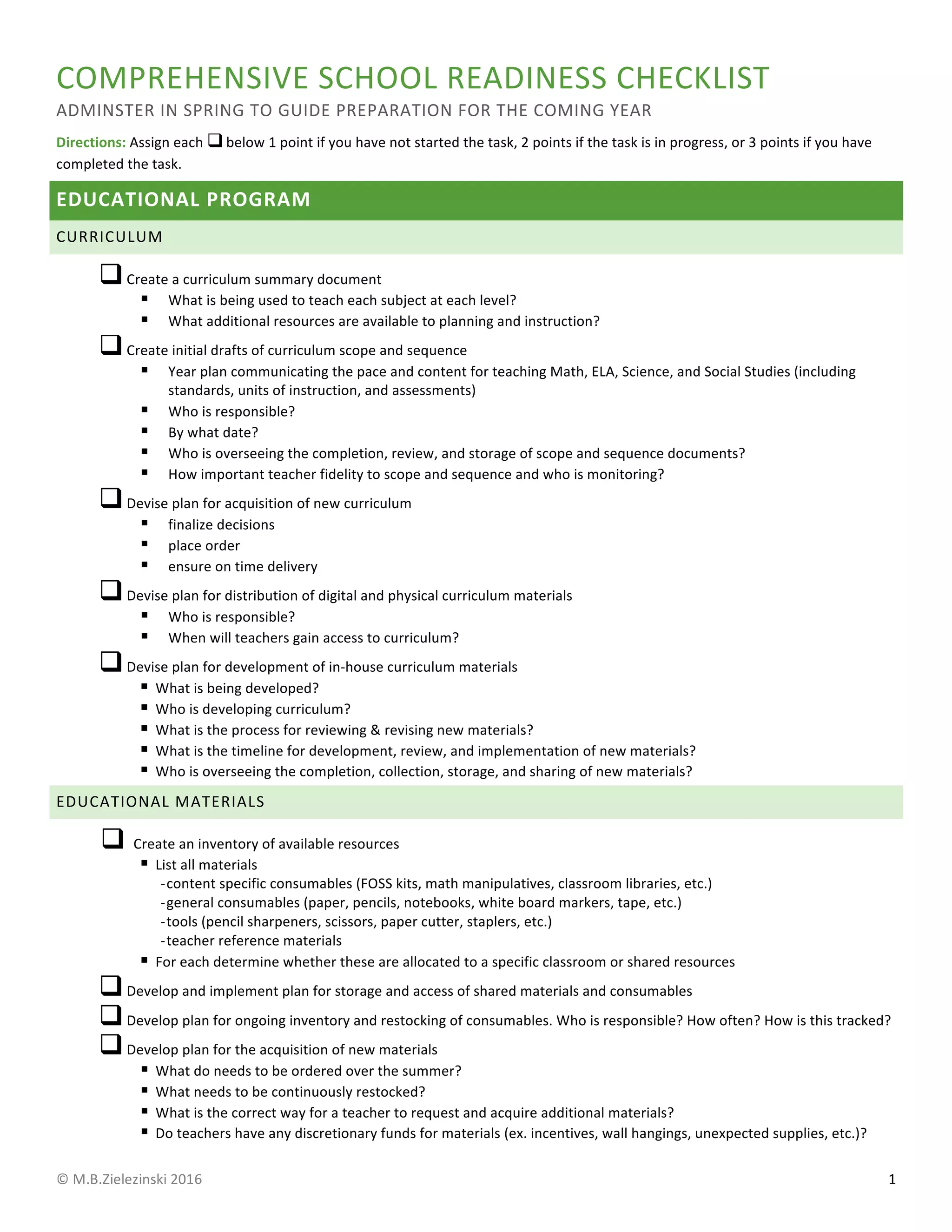 Comprehensive School Readiness Checklist ©MBZ | PDF