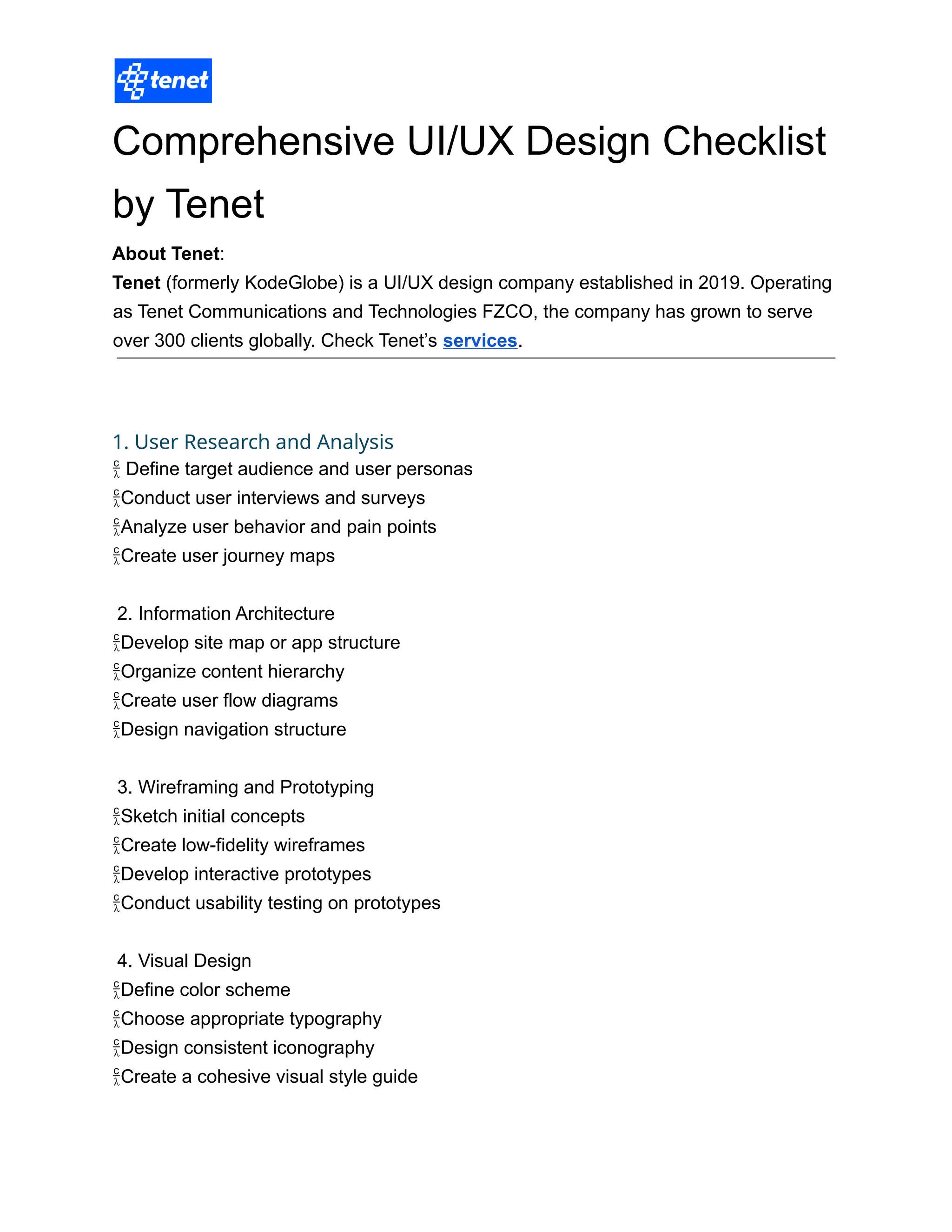 Comprehensive UI/UX Design Checklist by Tenet | DOCX