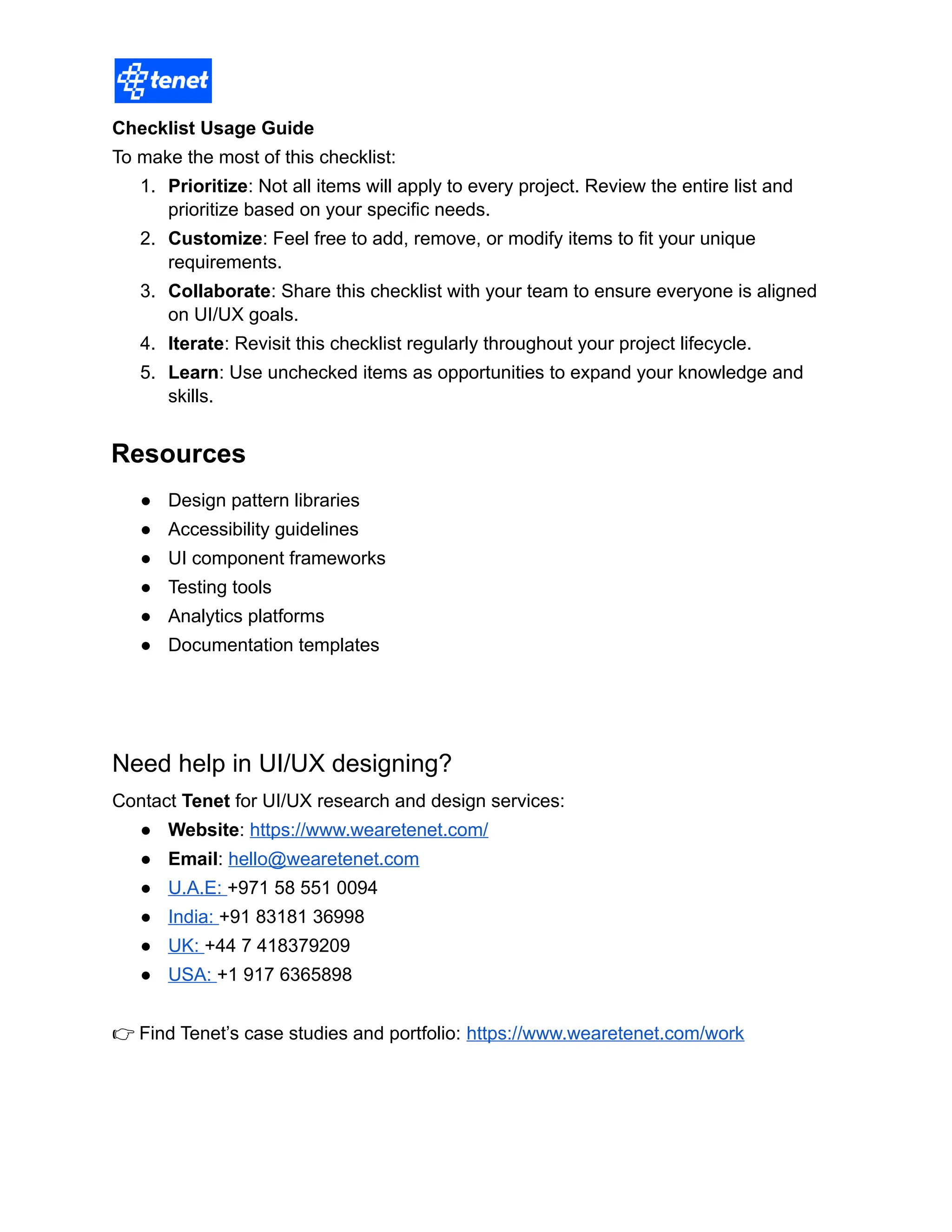 Comprehensive UI/UX Design Checklist by Tenet | DOCX