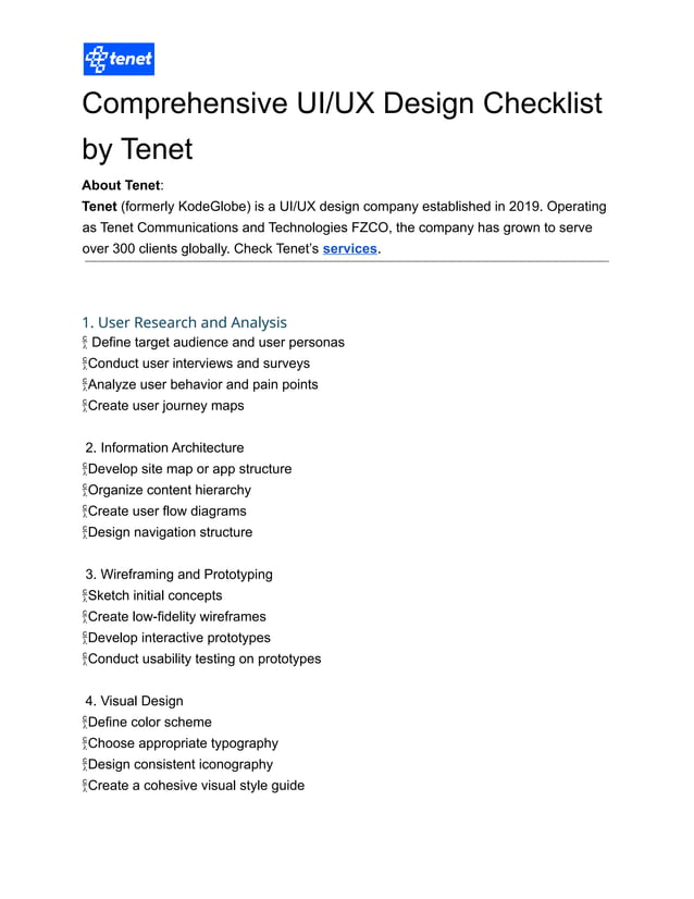 Comprehensive UI/UX Design Checklist by Tenet | DOCX
