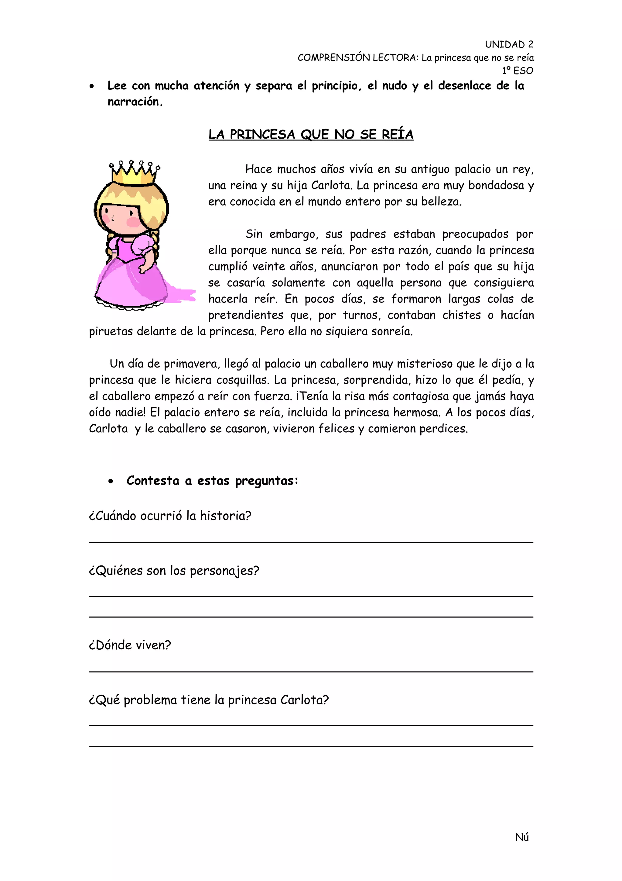 Comprensión lectora. la princesa que no se reía | PDF
