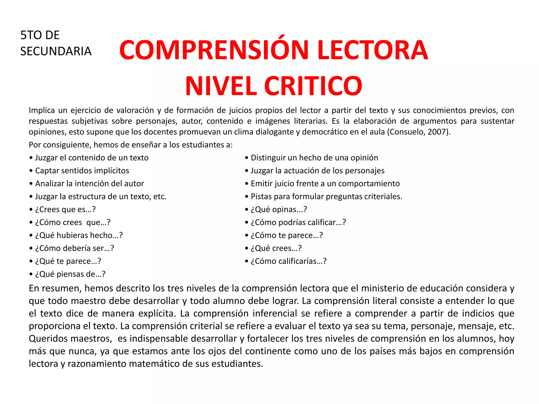 Comprensión lectora nivel crítico | PPTX