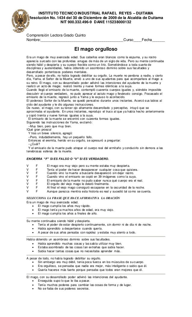 Comprensión lectora grado quinto