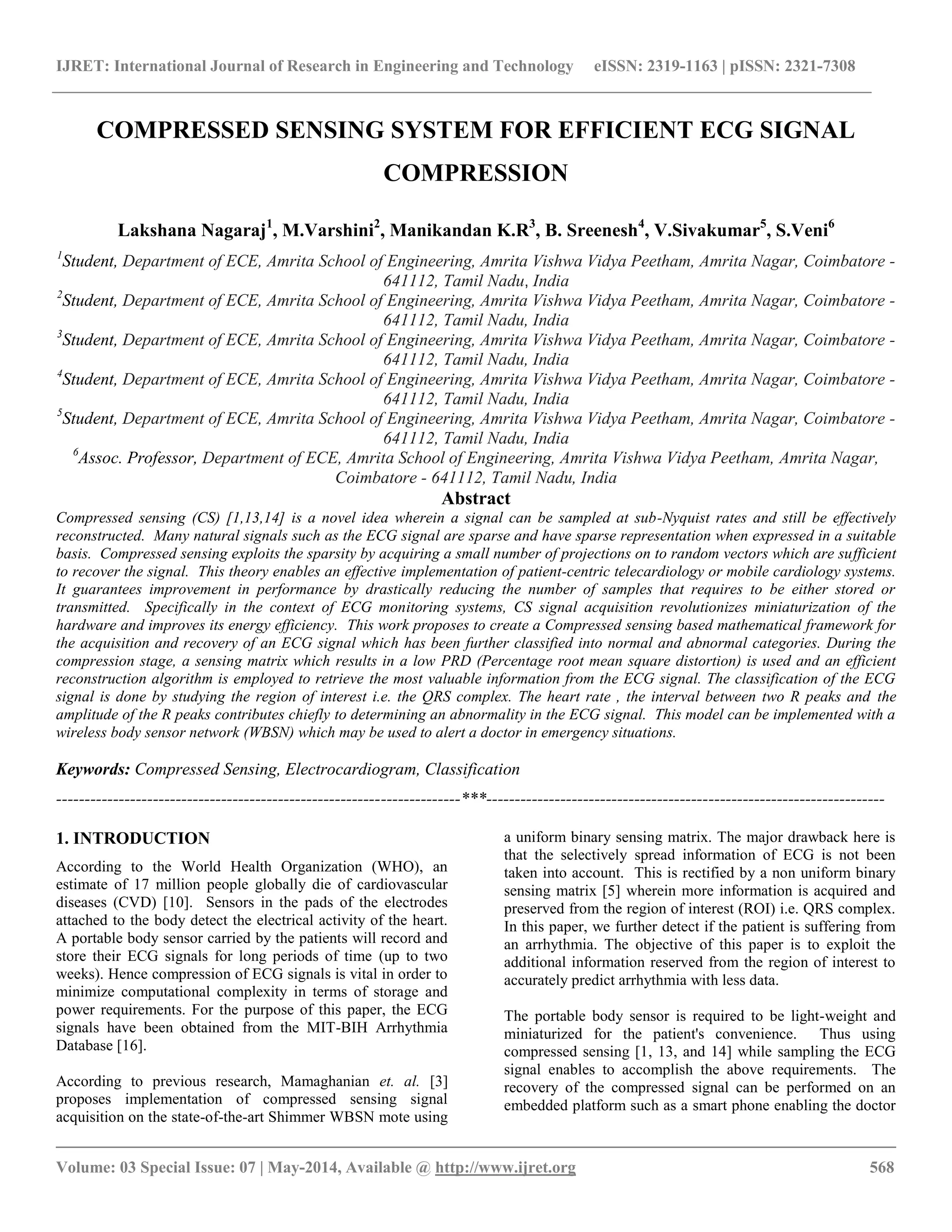 Compressed Sensing System For Efficient Ecg Signal Pdf