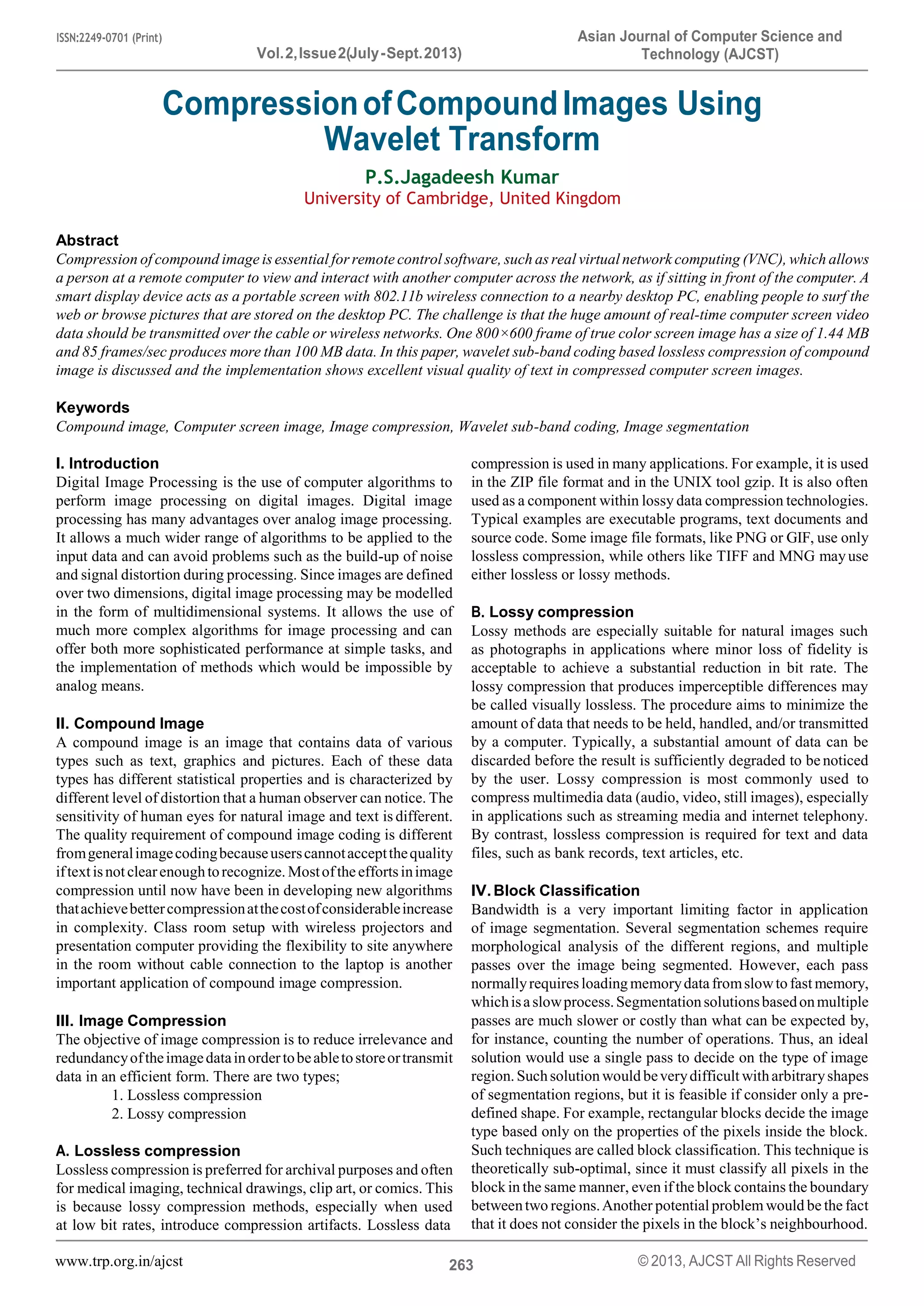 Compression of Compound Images Using Wavelet Transform | PDF