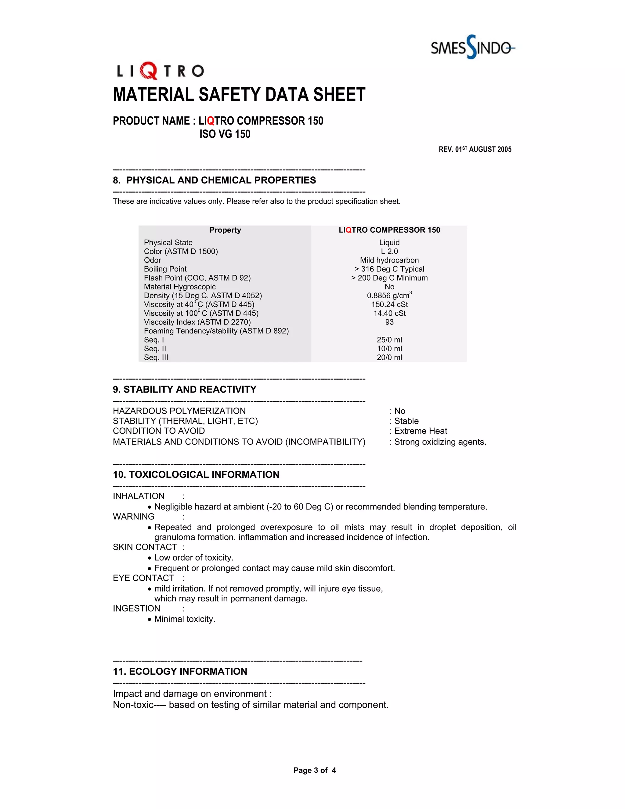 Compressor ISO VG 150 (Material Safety Data Sheet) | PDF