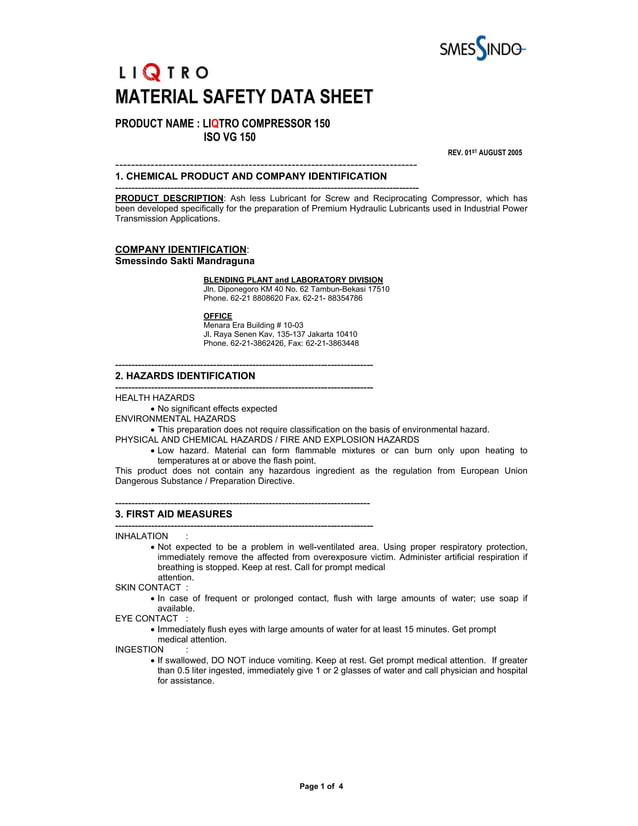 Compressor ISO VG 150 (Material Safety Data Sheet) | PDF | First Aid ...