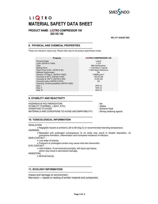 Compressor ISO VG 150 (Material Safety Data Sheet) | PDF | First Aid ...