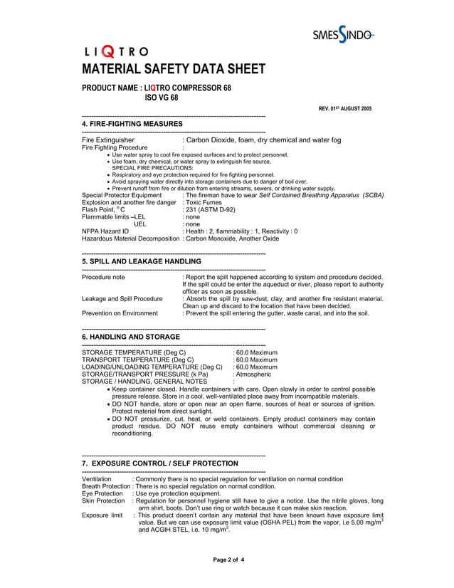 Compressor ISO VG 68 (Material Safety Data Sheet) | PDF | First Aid ...