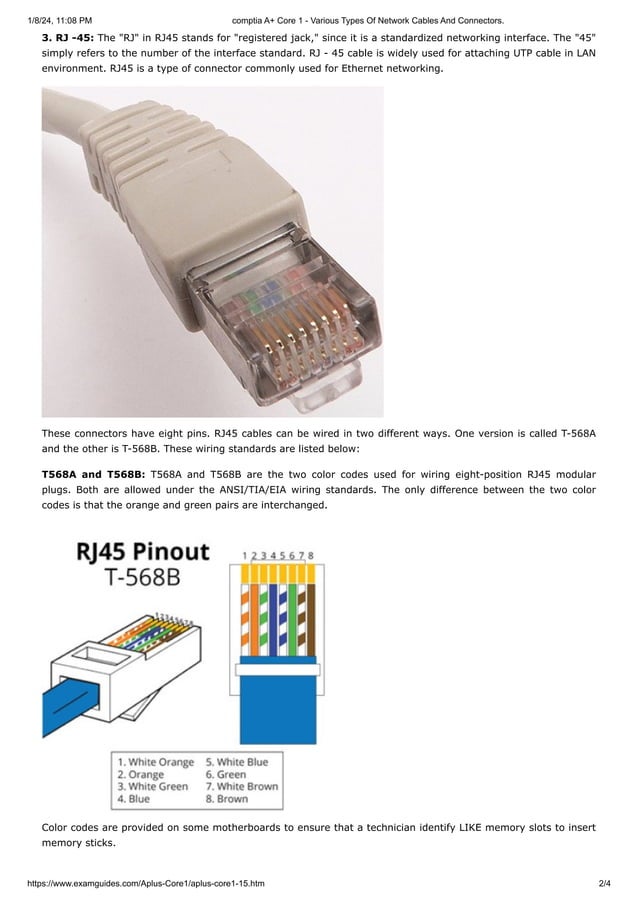 comptia A+ Core 1 - Various Types Of Network Cables And Connectors ...