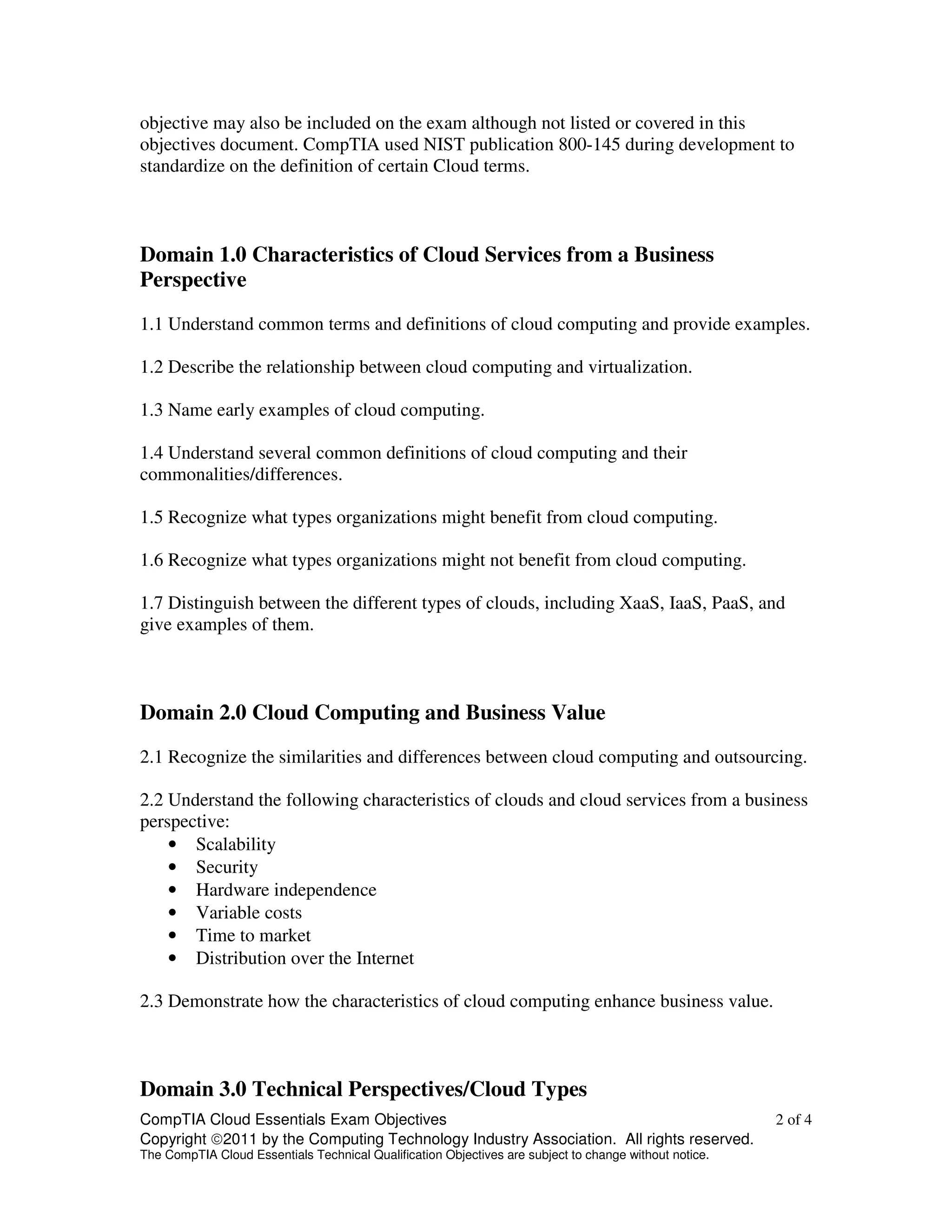 CompTIA Cloud Essentials Objectives | PDF