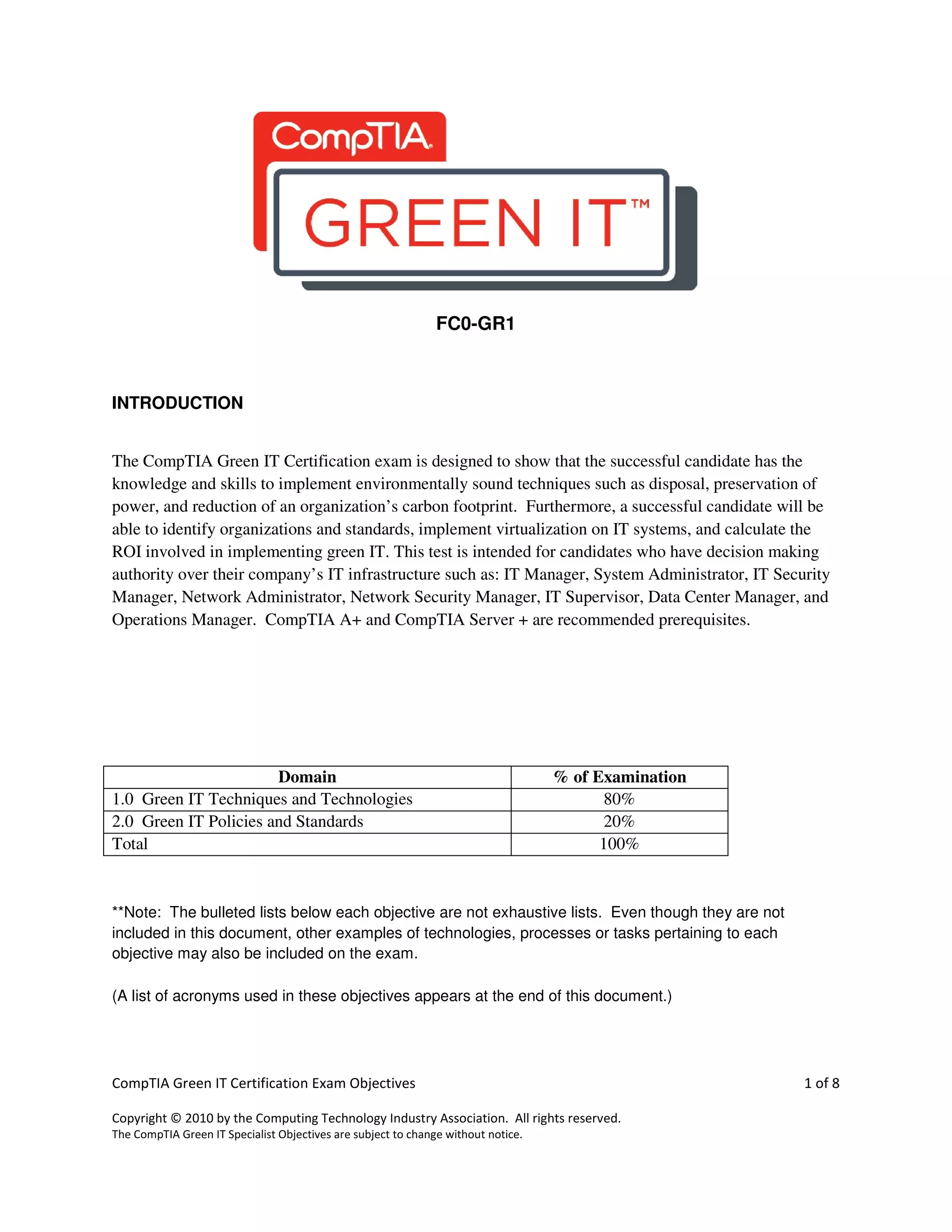 CompTIA Green IT Objectives | PDF | Computing | Technology & Computing