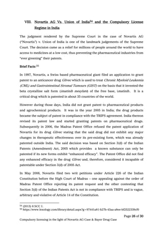 Compulsory licensing in the light of novartis ag case and Bayer Corp ...