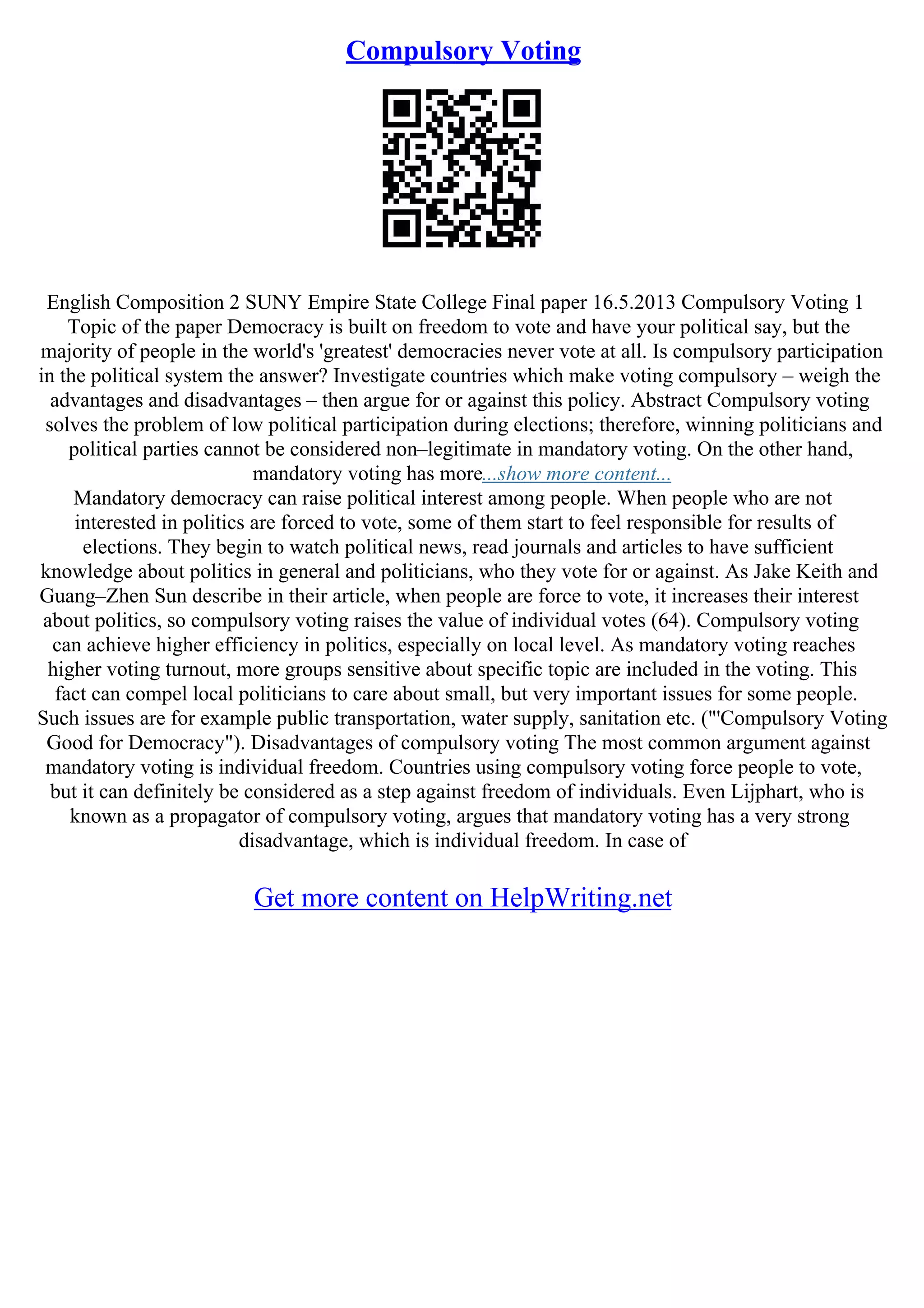 Compulsory Voting Essay | PDF