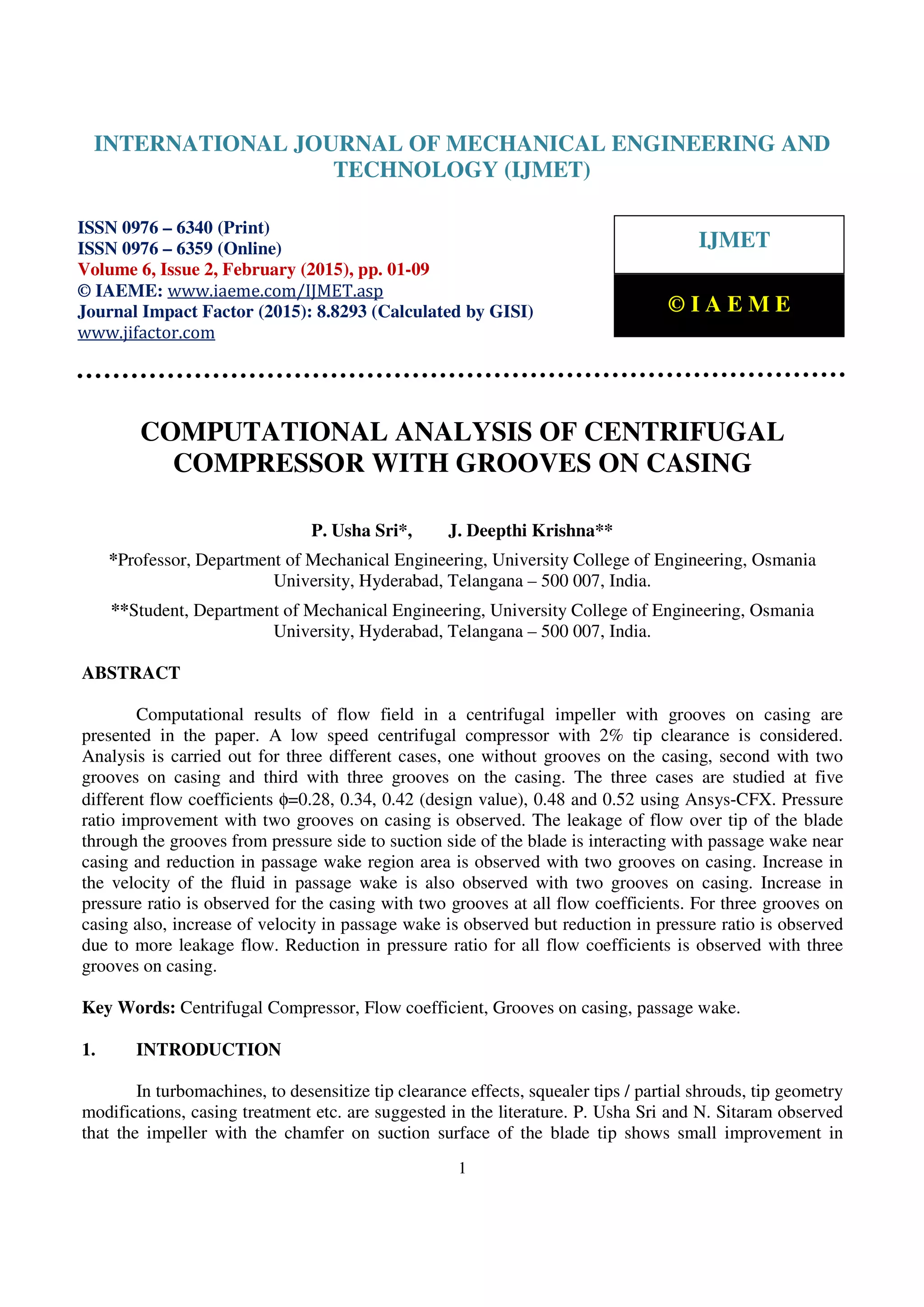 Computational analysis of centrifugal compressor with grooves on casing | PDF