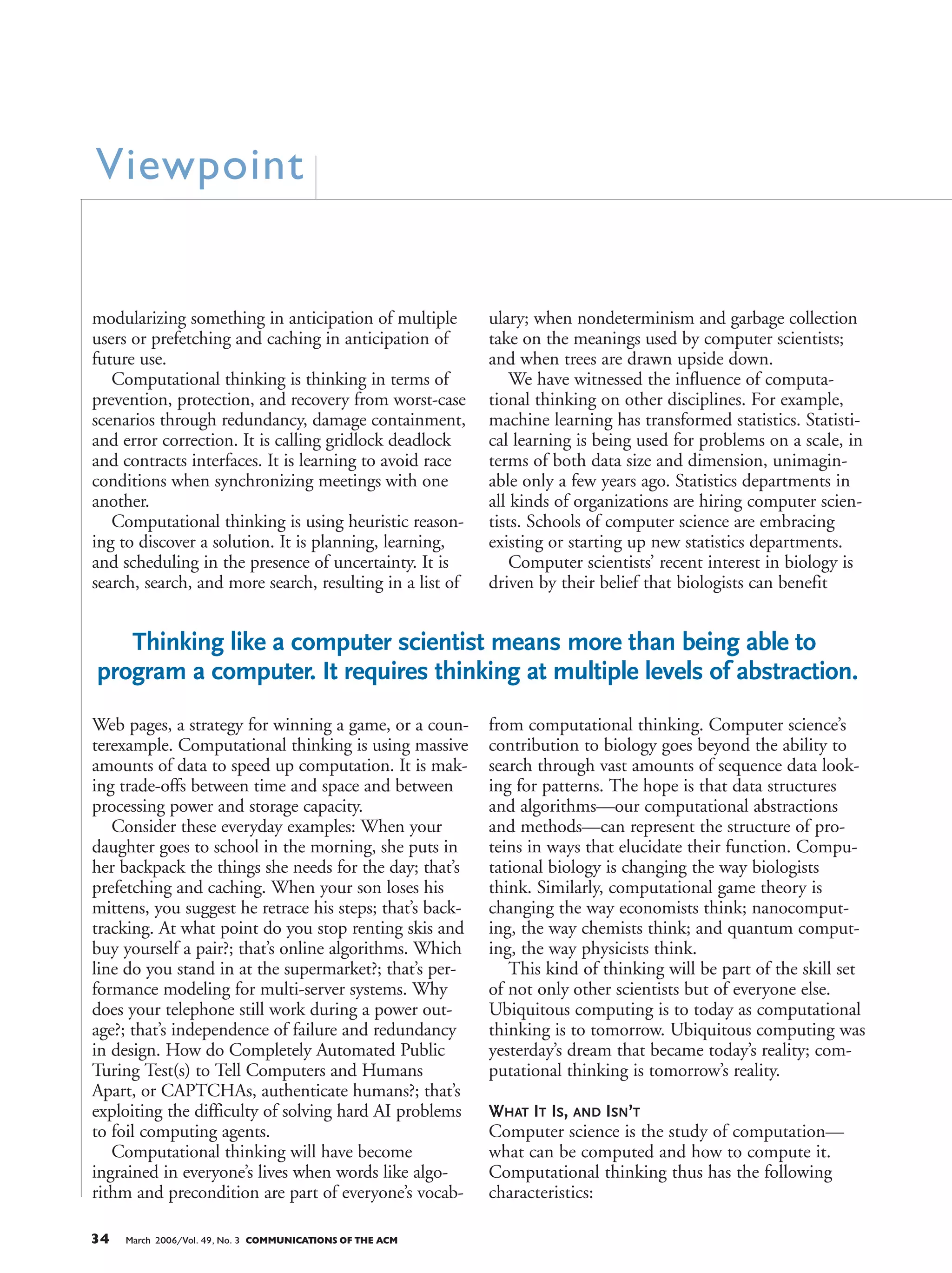 Computational Thinking Jeannette M Wing Pdf Computing Technology And Computing